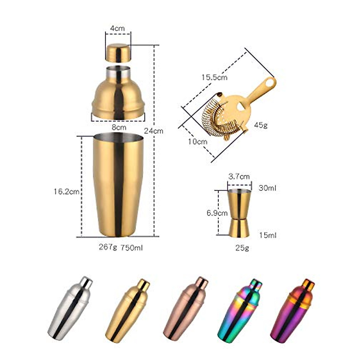 Buyer Star Cocktail Shaker Bar Set,Rainbow Juice Shaker, 25oz Martini Shaker, Fast Cooling Drink, 8-piece Bartender Kit Drink Bartender Stick Tool Set
