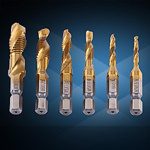 Combination Drill Tap, 6pcs 1/4" Hex Shank Metric Thread, M3-M10 Coated HSS Drill and Tap Bits Screw Taps Tool Set