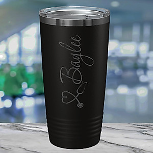 Personalized Heart Stethoscope Tumbler Gift for Nurse, RN, LPN, CNA, CMA, MA on Black with Ion Ghost Black Design 20 oz Stainless Steel Tumbler with Lid - Insulated Cup - Custom Travel Mug