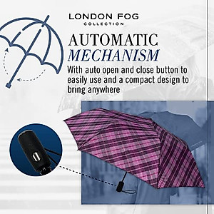 LONDON FOG Mini Rain Umbrella, Automatic Folding Umbrella, Windproof, Lightweight and Packable for Travel, Full 42 Inch Arc, Purple Tartan