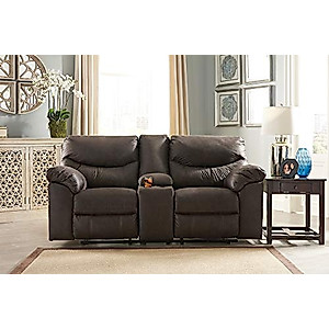 Signature Design by Ashley Boxberg Faux Leather Manual Double Reclining Loveseat with Center Console, Dark Brown