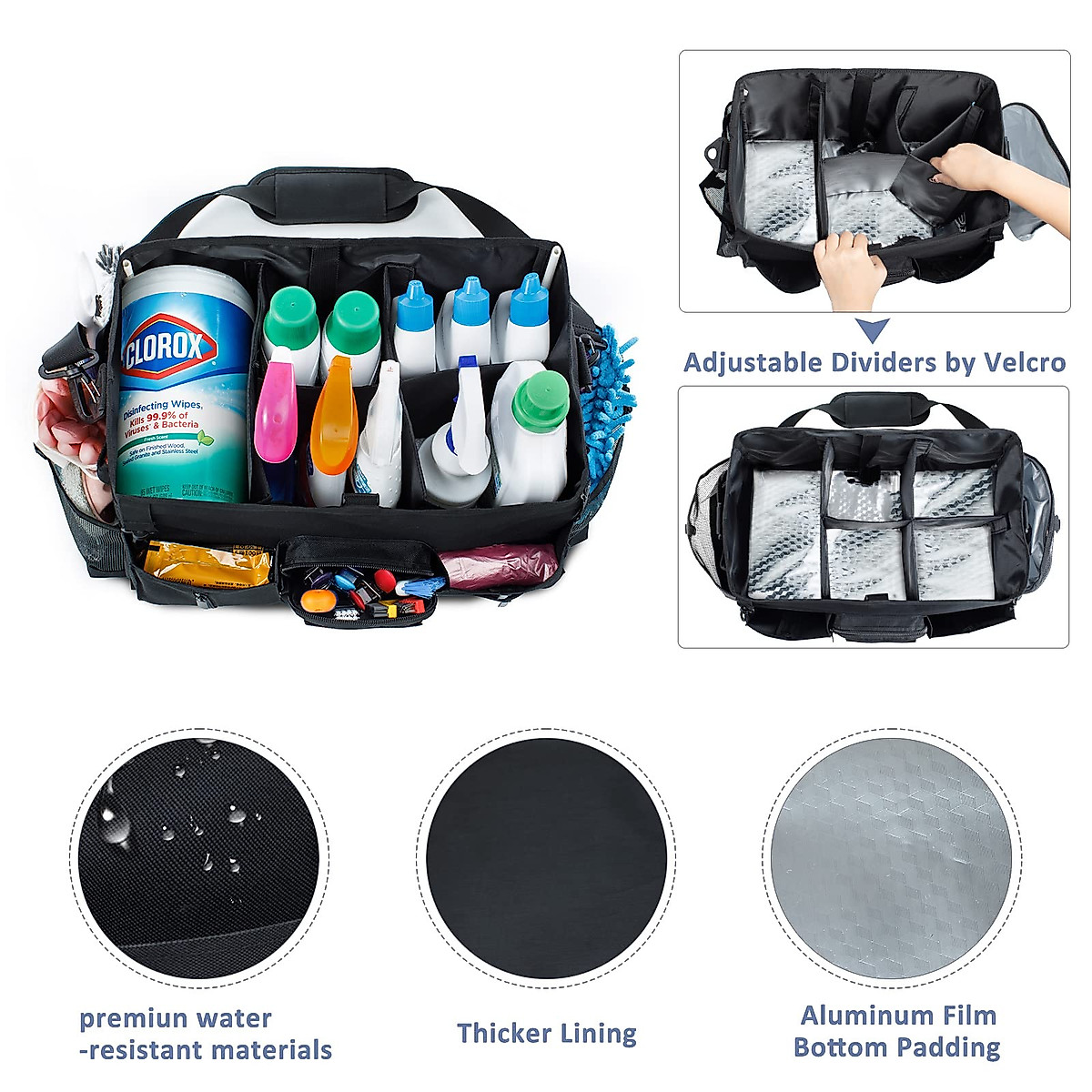 FRECOLSH Large Cleaning Supplies Organizer-Cleaning Caddy Organizer With Handles & Shoulder Strap-Cleaning Bags for Cleaning Suppliers-Housekeepers Wearable Cleaning Tote 2023 Upgraded Black