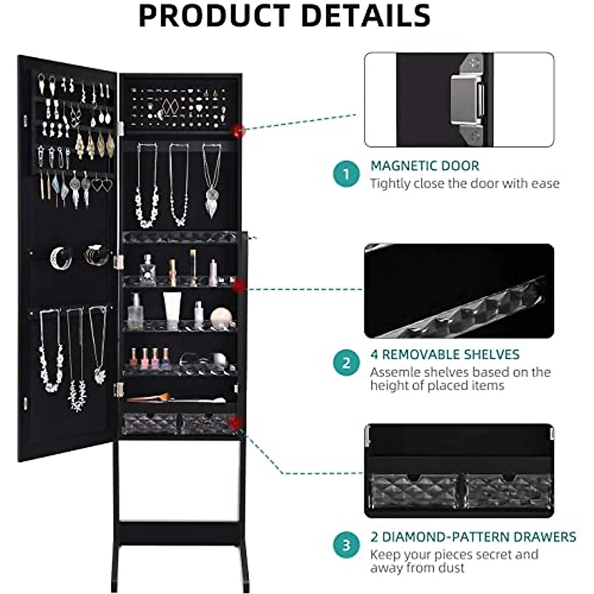 YITAHOME 2 in 1 Jewelry Cabinet with Full Length Mirror, Standing Large Capacity Jewelry Armoire Organizer with 2 Drawers, 3 Angle Adjustable,Black