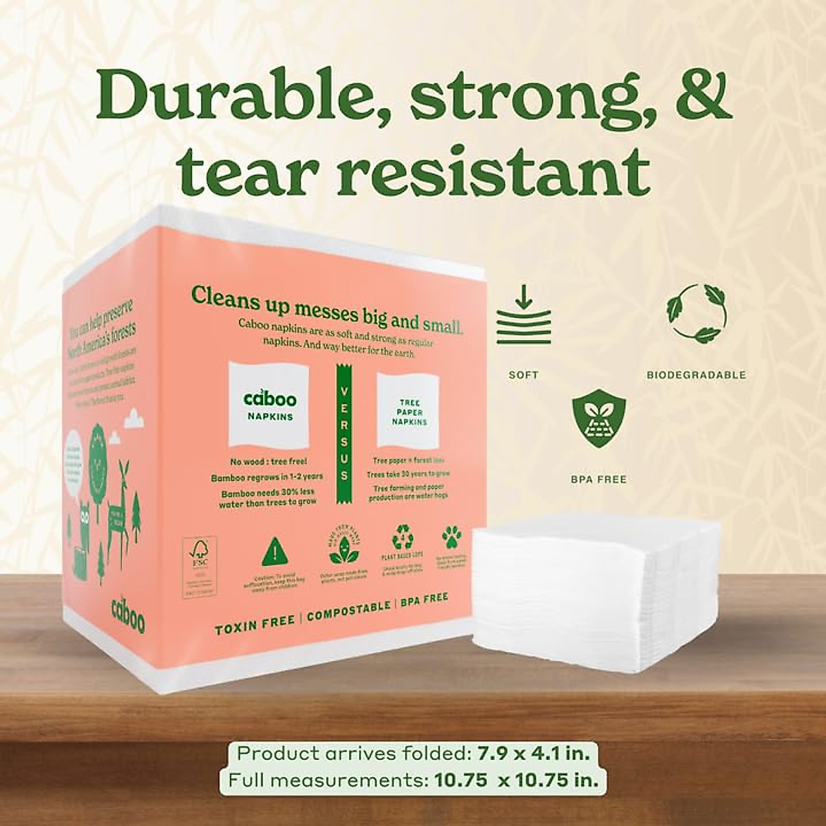 Caboo Tree Free Bamboo Paper Napkins, 4 Packs of 250, 1000 Total Napkins, Eco Friendly, Sustainable, and Disposable Kitchen Napkins