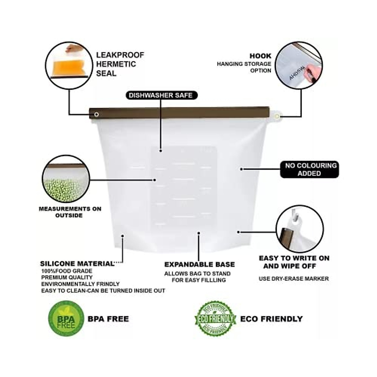 Silicone Reusable Storage Bags (1500ml | 2 Bags) with Stand By Nuccun, Airtight Ziplocks | Freeze | Microwave | Dishwasher Safe