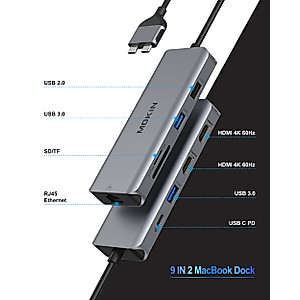 MacBook Pro Docking Station Dual Monitor MacBook Pro HDMI Adapter,9 in 1 USB C Adapters for MacBook Pro Air Mac HDMI Dock Dongle Dual USB C to Dual HDMI Ethernet 3USB SD/TF100W PD