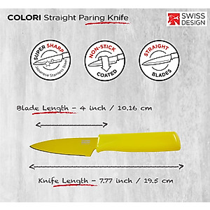 Kuhn Rikon Colori Non-Stick Straight Paring Knife with Safety Sheath, 4 inch/10.16 cm Blade, Lemon