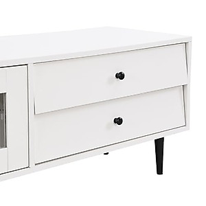PONNYC TV Stand for TVs up to 75",Modern TV Cabinet with Sliding Fluted Glass Doors and Slanted Drawers,Media Entertainment Center Console Table Coffee Tables Credenza for Living Room Bedroom,White B
