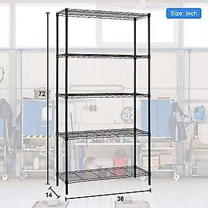 14‘’Dx36''Wx72''H Storage Shelves Wire Shelving Unit with Wheels Steel 5 Tier Heavy Duty Layer Rack Storage Metal Shelf Garage Organizer Wire Rack Shelves Adjustable Utility 1250 LBS Capacit，Black