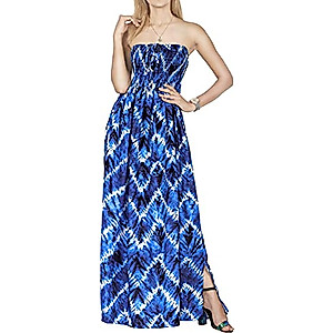 LA LEELA Women's Boho A line Smocked Strapless Dresses Evening Long Tube Top Slit Maxi Dress for Women One Size Azure, Zig Zag