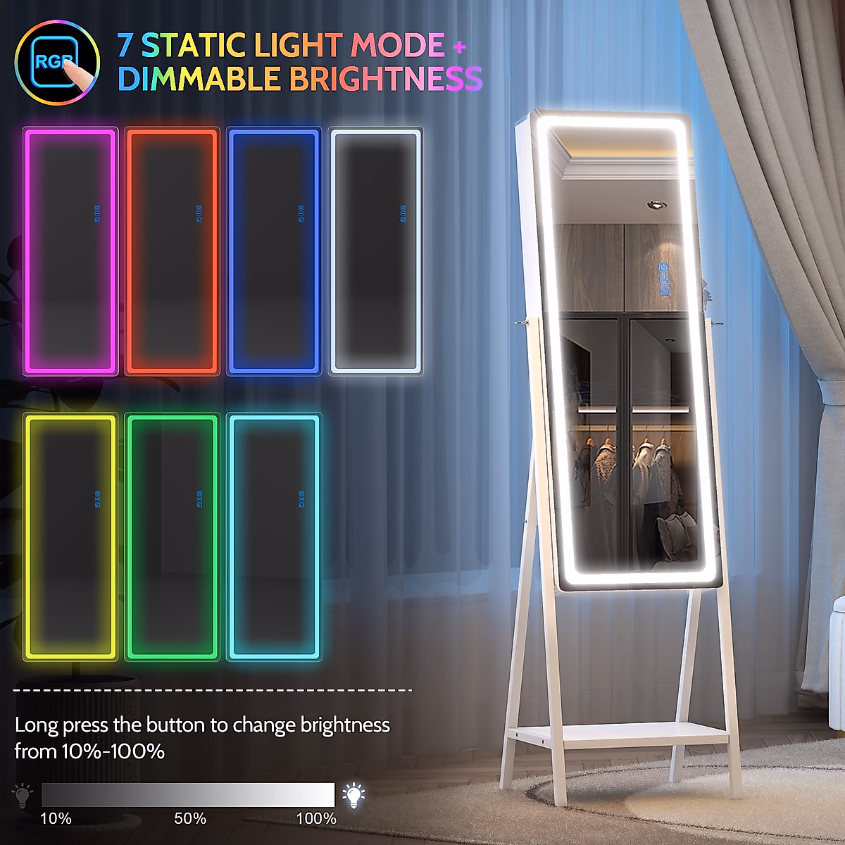 LVSOMT RGB LED Jewelry Mirror Cabinet, Standing Jewelry Armoire Organizer, Stand Up Full-Length Mirror with Jewelry Storage, LED Lighted Floor Mirror, 14 Lights + Dimmable + Adjustable Speed, White
