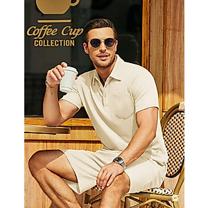 COOFANDY Men's Waffle Knit Polo Shirt and Shorts Set 2 Pieces Outfits Summer Suit Casual Tracksuit with Pockets