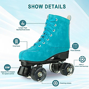 YYW Women Roller Skates High Top Girls Double Row Shiny Roller Derby Skates Four Wheel Unisex PU Classic Skates for Beginner Outdoor (Lake Blue Flashing Wheel,34-8.85in - Women's 5.5 / Men's 4)