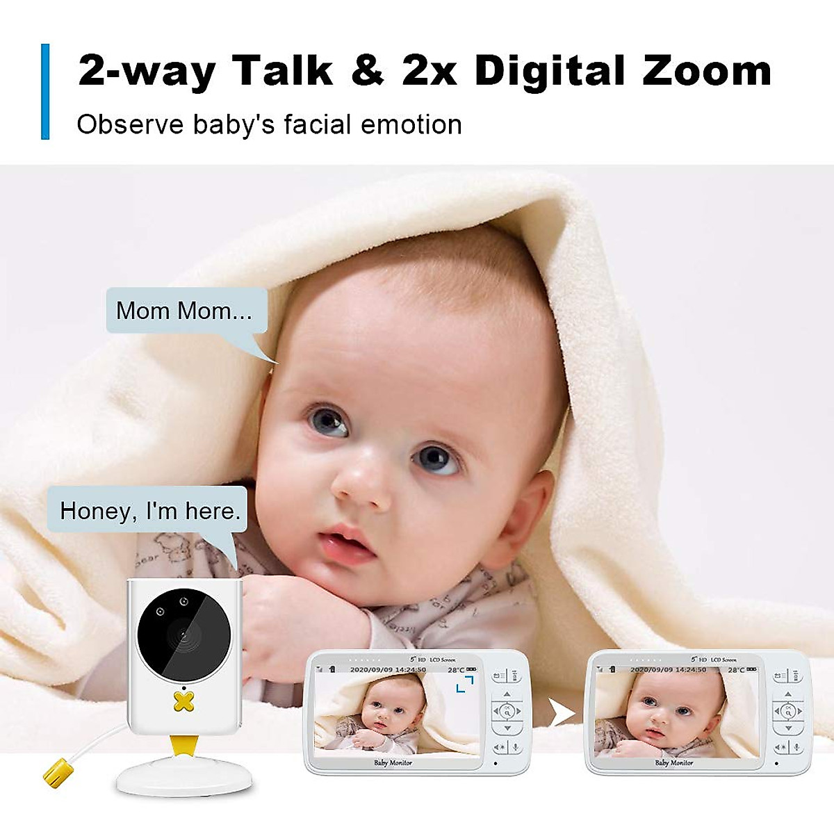 Peiloh Video Baby Monitor, Baby Monitor with Camera and Audio, IPS Screen 720P 5" HD Display, 3000 mAh Rechargeable Battery, Two-Way Talk, Manual Pan/Tilt/Zoom, Night Vision and Vox Mode (A6CAMERA)