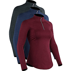 CADMUS Workout Shirts Women's Long Sleeve Running Athletic Hiking Shirts, 3 Pack, Black & Red & Navy Blue, L