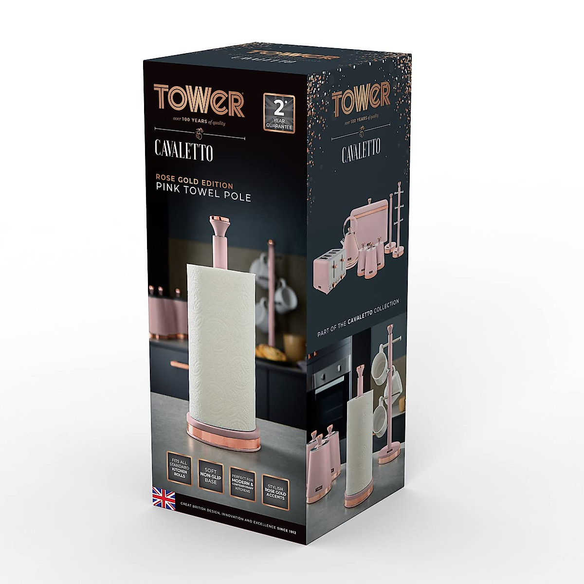 Tower T826133PNK Cavaletto Towel Pole Kitchen Roll Holder with Soft Underliner, Marshmallow Pink and Rose Gold