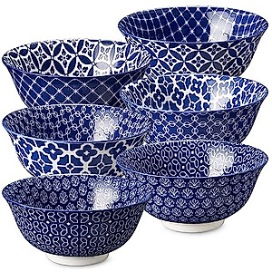 DOWAN Cereal Bowl, Ceramic Soup Bowls Set, 23 OZ Snack Bowls for Kitchen, Blue and White Vintage Decorative Bowl, for Salad Pasta Rice Oatmeal, Dishwasher & Microwave Safe, Set of 6