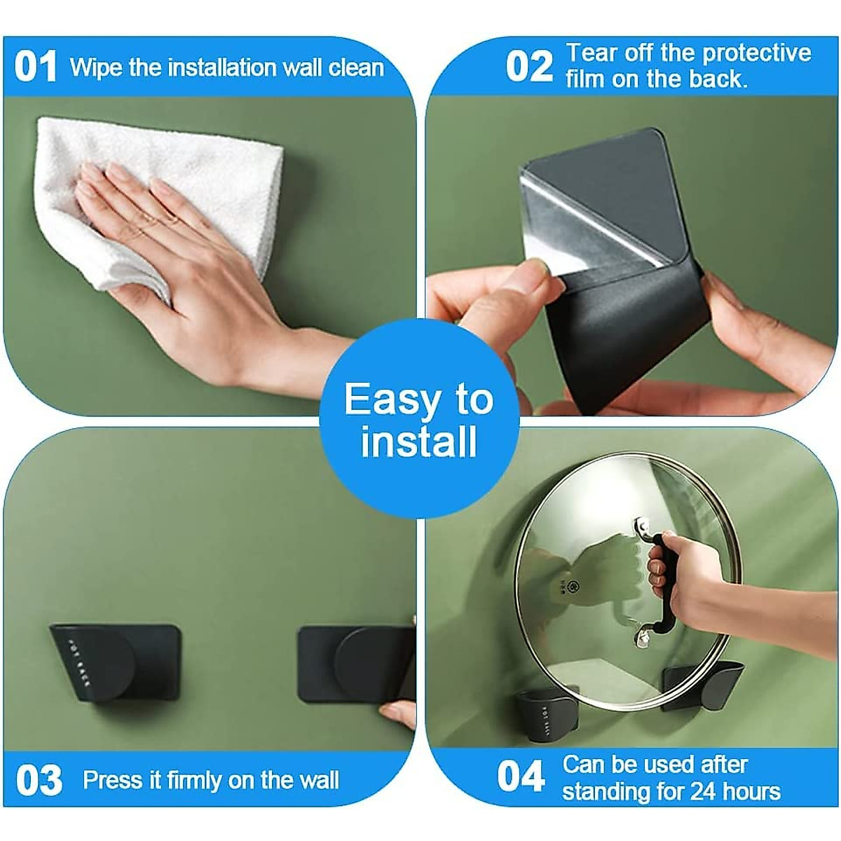 MHCYKJ 8 Pairs Lid Holder for Pots, Pot Lid Racks Wall Mount Pan Lid Holder Punch-Free Pot Lid Storage Organizer Adjustable Hanging Pan Cover Organizer for Home Kitchen Cabinet Door (Black+Green)