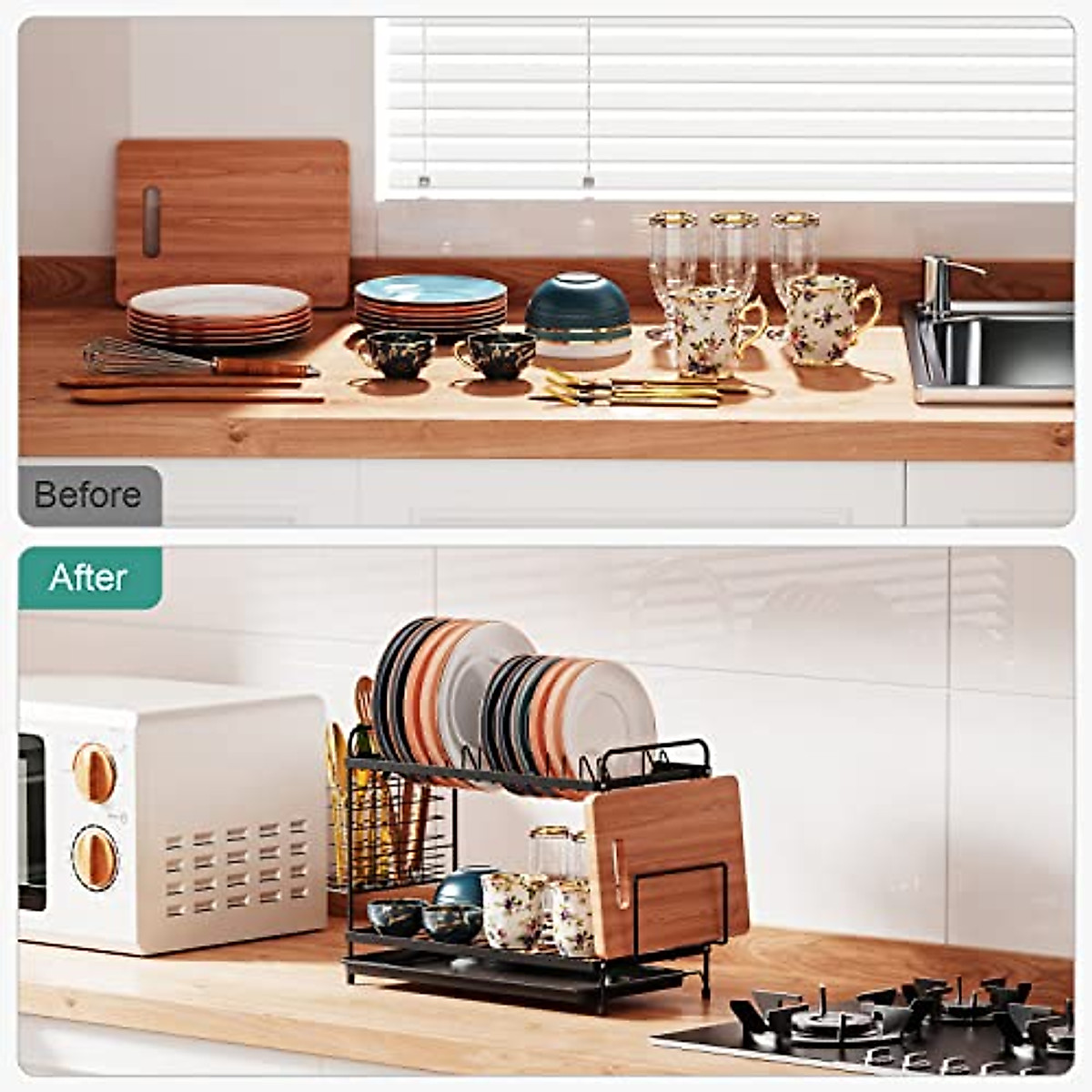 GSlife Dish Drying Rack for Kitchen 2 Tier Small Dish Rack with Drainboard Rust-Resistant Compact Dish Drainer with Utensil Holder Cutting Board Holder for Kitchen Counter, Black