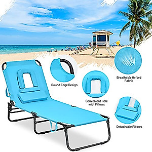 Giantex Outdoor Chaise Lounge Chair - Folding Beach Chair with 5 Adjustable Positions, Hole, Detachable Pillow, Hand Ropes, Lounger for Sunbathing, Poolside, Yard, Patio Lawn Chair