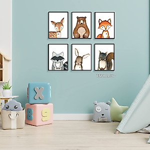 6 Pieces Woodland Animals Nursery Canvas Wall Art Cute Safari Jungle Animal Deer Bear Bunny Pictures Baby Room Posters Farmhouse Forest Theme Fox Squirrel Raccoon Prints Decor 8x10in Unframed