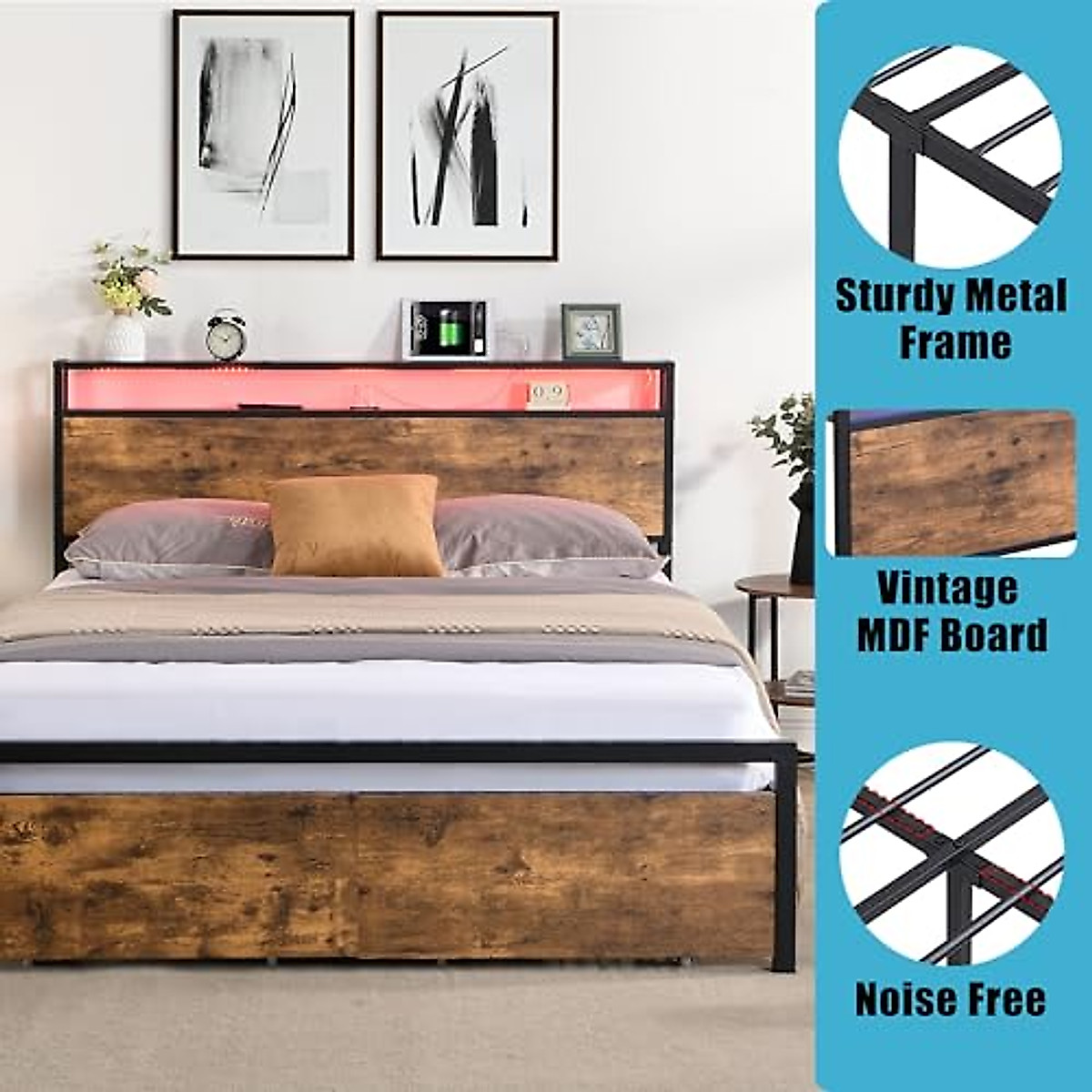 SAMTRA Bed Frame with Headboard & 2 Storage Drawers, Wooden Headboard with Led Lights and Charging Station Shelf, Metal Platform & Slat Bedframe, Easy Assembly (Brown Simple (with 2 Drawers), Queen)