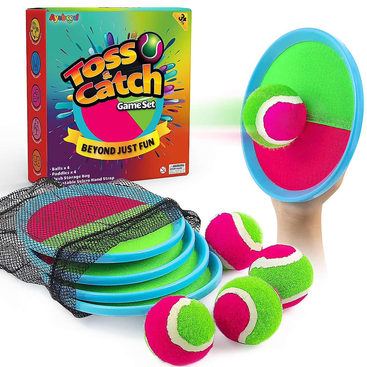 Ayeboovi Toss and Catch Ball Set Beach Toys Pool Toys Outdoor Games Outdoor Toys Yard Games Easter Toys Gifts for Kids Ball and Catch Game with 4 Paddles and 4 Balls [Upgraded Version]