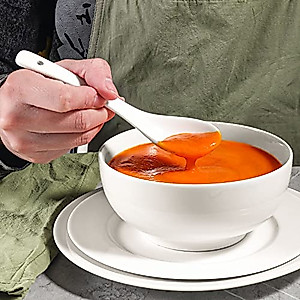 Artena Asian Soup Bowls with Spoons Set of 4, 26 oz Pasta, Ramen, Pho Bowls and Soup Spoons Set, Advanced Porcelain Elegant White Cereal Bowls for Kitchen, Dishwasher Microwave Oven Safe Bowls