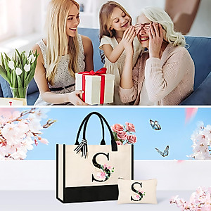 AYGE Personalized Initial Canvas Beach Bag Cosmetic Bags, Monogrammed Gifts for Women, Tote Bag, Makeup Bag, Birthday Gifts for Sister Mom Teacher Bridesmaid (S)