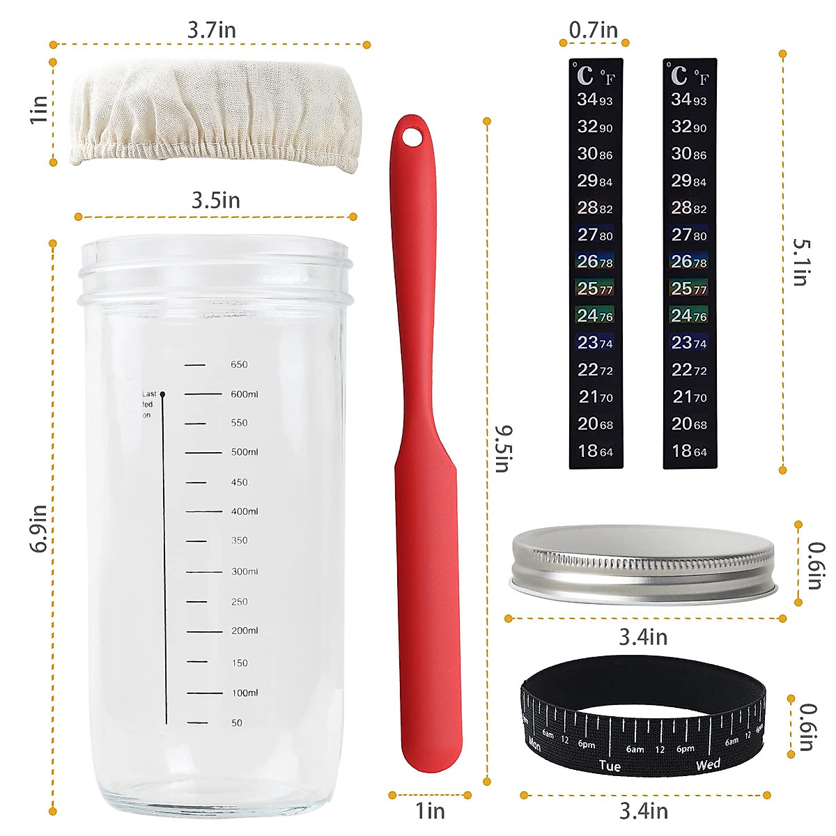 HKCDUUT Sourdough Starter Jar for Sourdough Bread Baking, Sourdough Starter Kit With Date Marked Feeding Band, Thermometer, Scraper, Sourdough Container Sewn Cloth Cover & Metal Lid (730ml/24Oz)