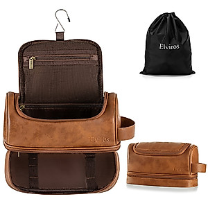 Elviros Toiletry Bag, Mens Leather Travel Organizer Kit with hanging hook, Large Water-resistant Toiletries Bathroom Shaving Bags for Women (Brown)