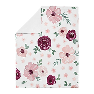 Sweet Jojo Designs Burgundy and Pink Watercolor Floral Baby Girl Blanket Receiving Security Swaddle Newborn Toddler Nursery Soft Minky - Blush Maroon Wine Rose Green White Shabby Chic Flower Farmhouse