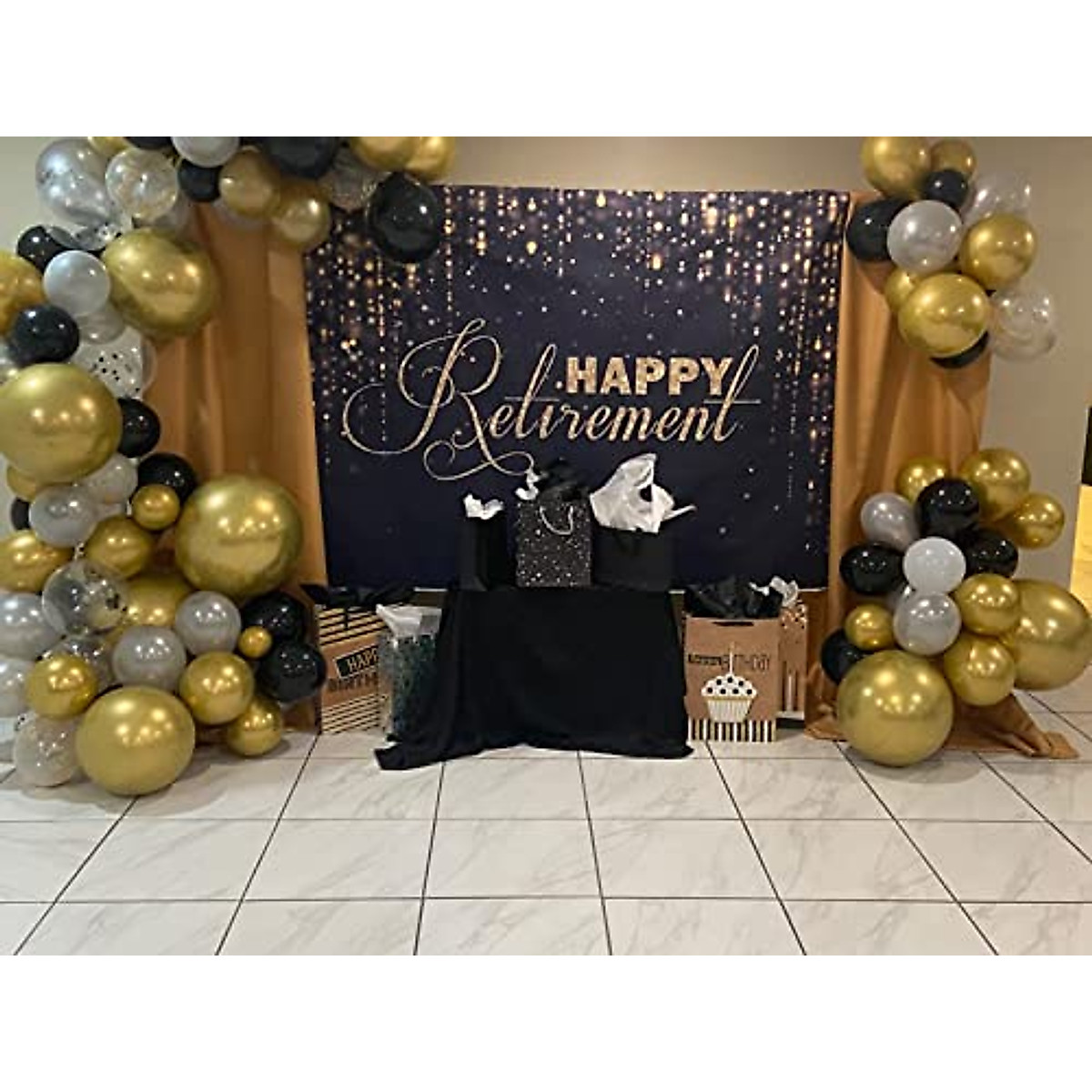 Avezano Happy Retirement Backdrop Black and Gold Glitter Photo Background Retirement Party Decorations Glitter Lights Congrats Retirement Photo Booth Prop (8x6ft)