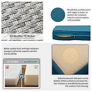 WAROOM Outdoor Sofa Wicker Patio Chairs Set of 2, Porch Single Chair Grey Rattan Deep Seating Armchair Balcony Furniture with Peacock Blue Cushion