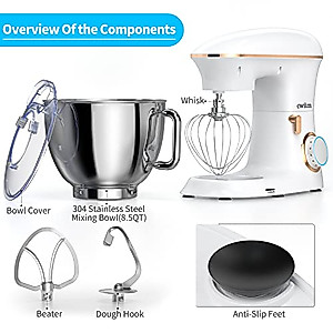 Stand Mixer, 8.5Qt Tilt-Head Food Mixer 660W 6+P Speed Kitchen Mixers Cwiim, with Dough Hook, Flat Beater, Whisk, Splash Guard, for Baking Bread Cake Cookie Pizza Salad Egg (White)