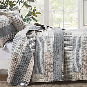 Y-PLWOMEN Quilts Queen Size - 100% Cotton Brown Grey Queen Quilt Farmhouse Plaid Quilted Bedspread, 3 Pieces Lightweight Reversible Queen Size Quilt Bedding Set for All Season