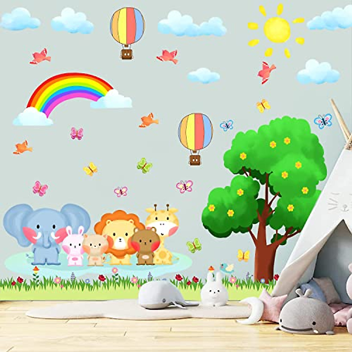 KOKOLAP Tree Animal Wall Stickers,Forest Animal Wall Decal Baby Room Decor,Nursery Wall Decor Rainbow Wall Stickers Peel and Stick,Elephant Bear Wall Sticker Kids Room Bedroom Classroom Playroom Decor