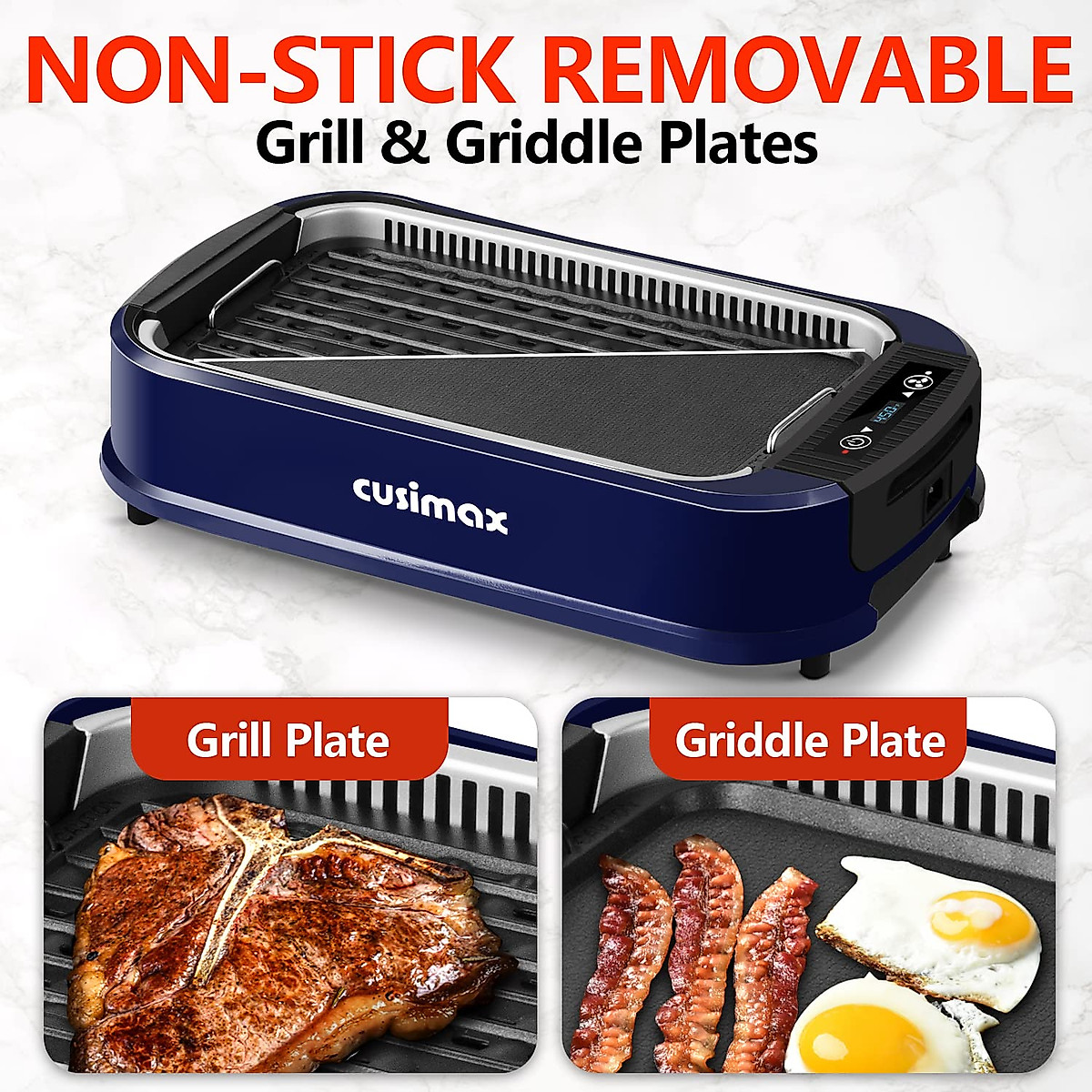 Smokeless Grill, CUSIMAX 1500W Indoor Grill, Electric Grill Griddle with LED Smart Display & Tempered Glass Lid, Portable Korean BBQ Grill, Non-stick Removable Grill & Griddle Plate