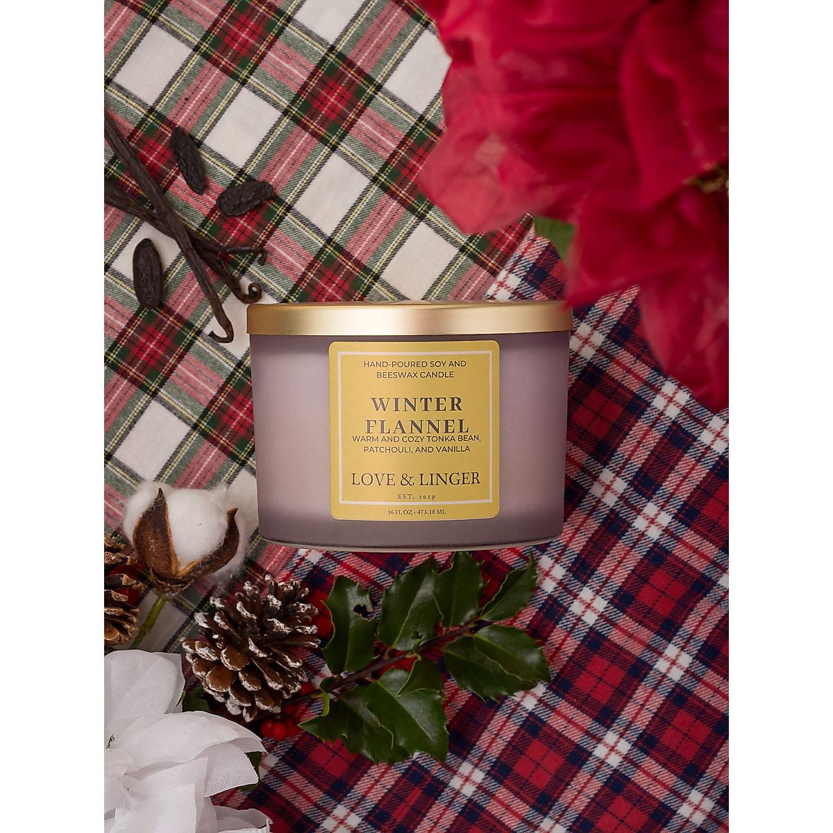 Winter Candles | Flannel Candle | Luxury Soy & Beeswax Candles for Home | 16 oz. Large Jar 3 Wick Candle | Holiday Candles | Christmas Candles | Winter Scented Candles