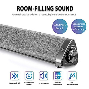 ASIYUN Sound Bar, Wired and Wireless Bluetooth 5.0 Audio Speaker Surround Sound Home Theater Built-in Subwoofers for TV/PC/Phones/Tablets with Remote Control (Support Device with AUX/RCA/USB Function)