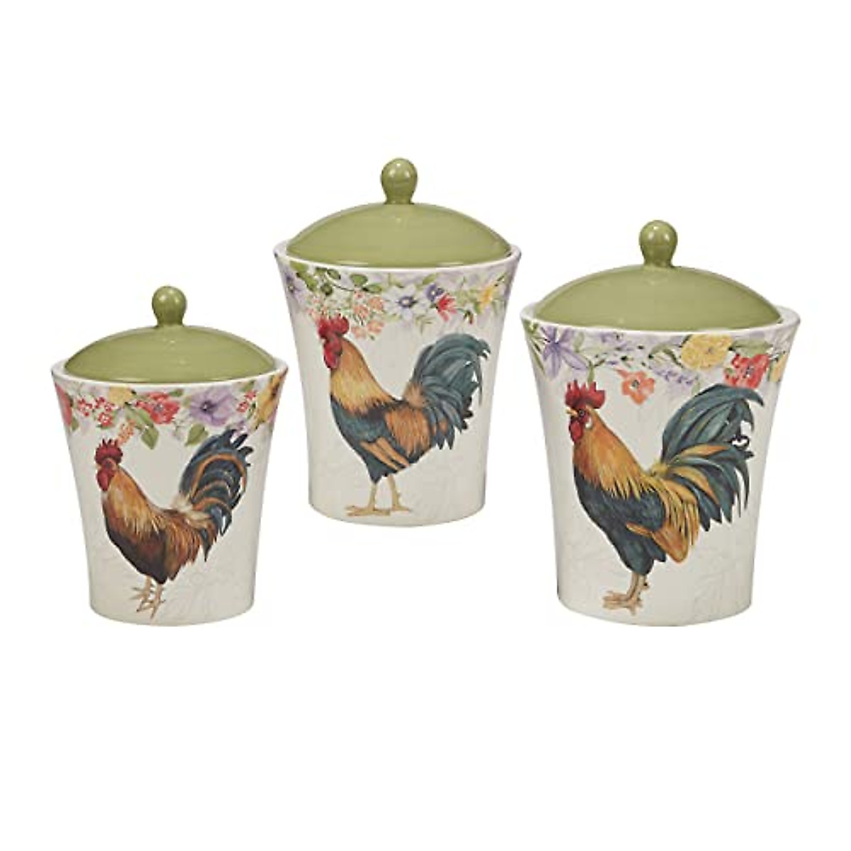 Certified International Floral Rooster 3 Piece Canister Set 54 oz, 72 oz, 104 oz, Multicolor