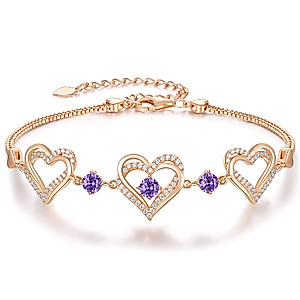 CDE Forever Love Heart Charm Link Bracelet for Women, 925 Sterling Silver Birthstone Bracelet Mother's Day Gift Anniversary Christmas Birthday Jewelry Gifts for Women Wife Her Girlfriend