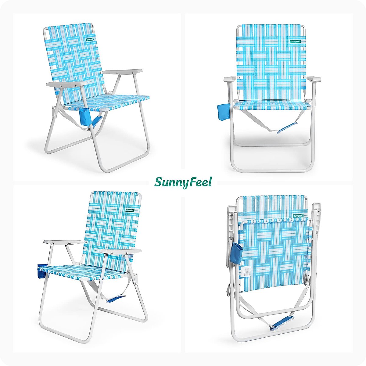 SunnyFeel 15" Tall Folding Webbed Lawn Beach Chair for Adults 2 Pack, Oversized Portable High Seat Sand Chair Heavy Duty 300 LBS, Foldable Camping Chairs for Camp/Outdoor/Picnic/Concert/Sports