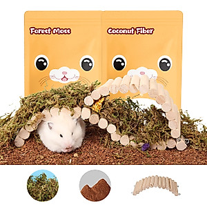 LUVCOSY Hamster Decoration Package = Forest Moss + Coconut Fiber + 3 Packs Wooden Fence, Cage Bedding Accessories, Habitat Decor Toys, Odor Control for Chinchilla, Guinea Pig, Reptile & Small Animals