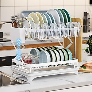 Dish Drying Rack Collapsible & Rustproof, 2 Tier Dish Rack with Drainboard, Wine Glass Holder & Utensil Holder, Dish Racks for Kitchen Counter, Dish Drainer, White