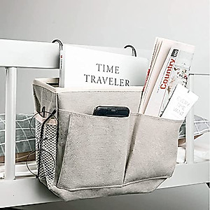 FYY Bedside Caddy, Bedside Hanging Organizer with 4 Pockets and 2 Hooks for Bunk and Hospital Beds, College Dorm Rooms Bed Rails, Can be Placed Bottle, Books, Mobile Phones, Tablets, Keys Grey