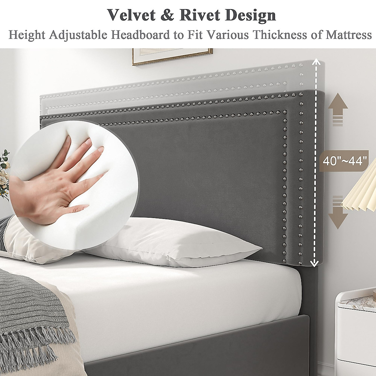 VECELO Queen Size Upholstered Platform Bed Frame with 4 Storage Drawers, Adjustable Velvet Rivets Headboard, Wooden Slats Support, No Box Spring Needed, Easy Assembly