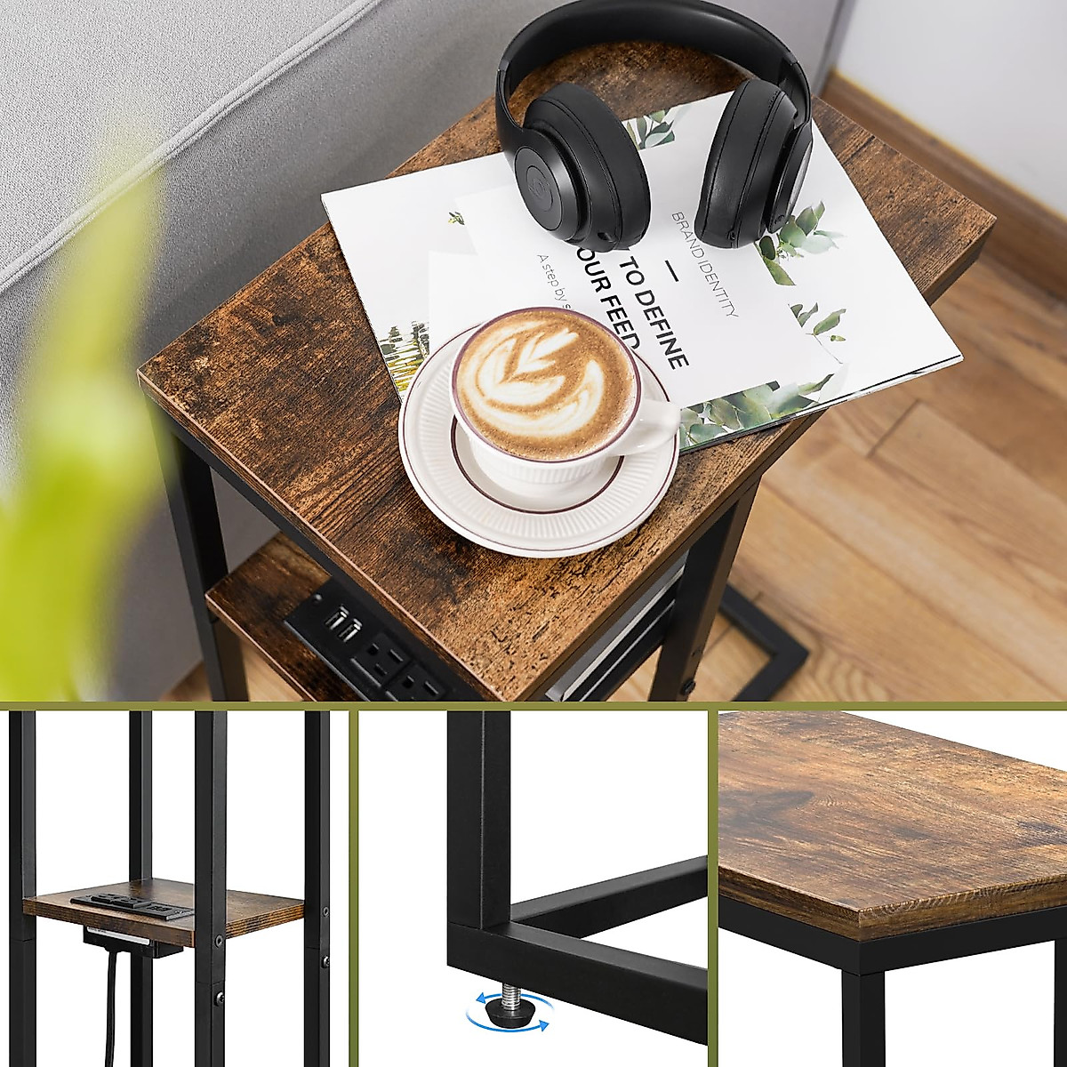 Yoobure C Shaped End Table with Charging Station, Small Side Tables for Living Room, Bedroom, Sofa Table with USB Ports and Outlets for Small Spaces, C Couch Table Rustic Snack Table Bed Side Table