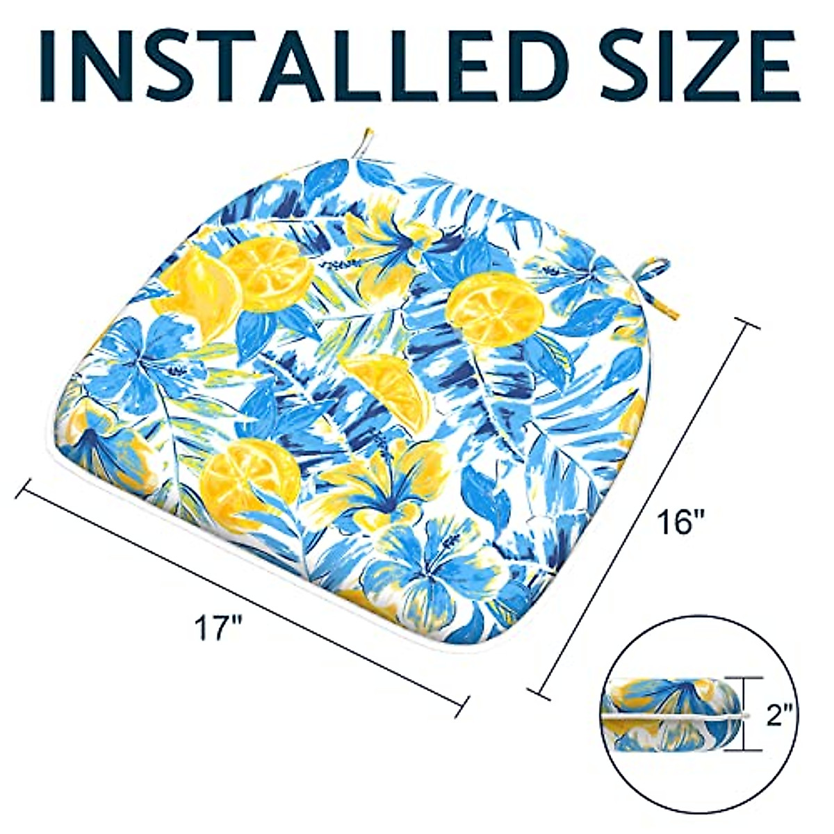 TWLEAR Indoor/Outdoor Chair Cushions 16x17 inch, Patio Chair Pads with Ties, All Weather Seat Cushions for Patio Funiture Home Garden Chair Use, Set of 2, Lemon Blossom Blue