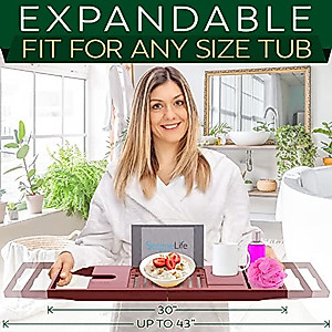 SereneLife Bamboo Bathtub Caddy with Luxury Gift Box and Red Gifting Ribbon Extendable & Adjustable Tray with Device/Book Holder with Removable Trays for Bath Accessories (Stain Brown)